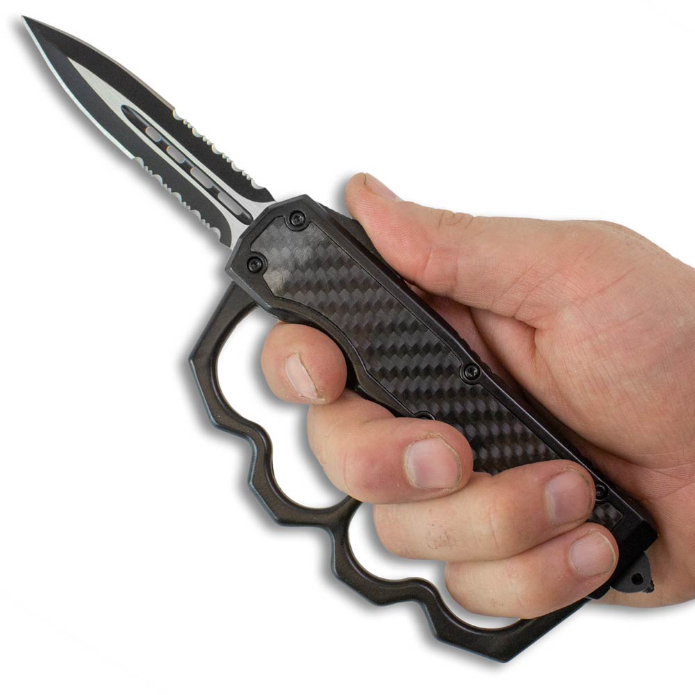 Dark OTF Trench Knife | OTF Knuckle Knife with Carbon Fiber Grip